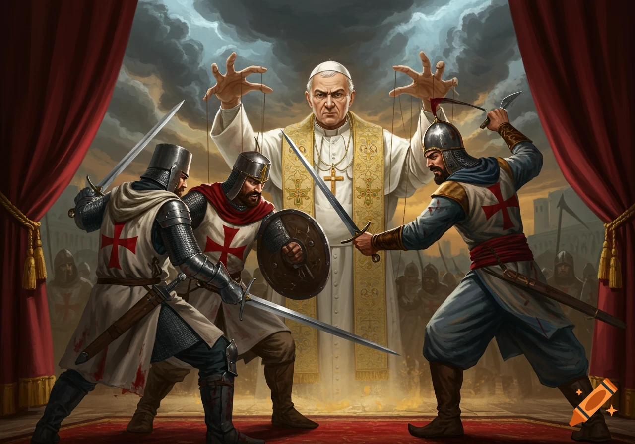 Painting of a Pope controlling crusaders and a warrior like puppets ...
