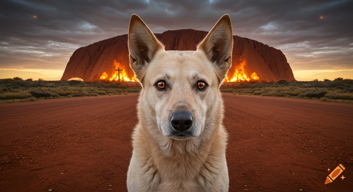 A close-up, centered photo of a tan dog in the Australian outback with ...