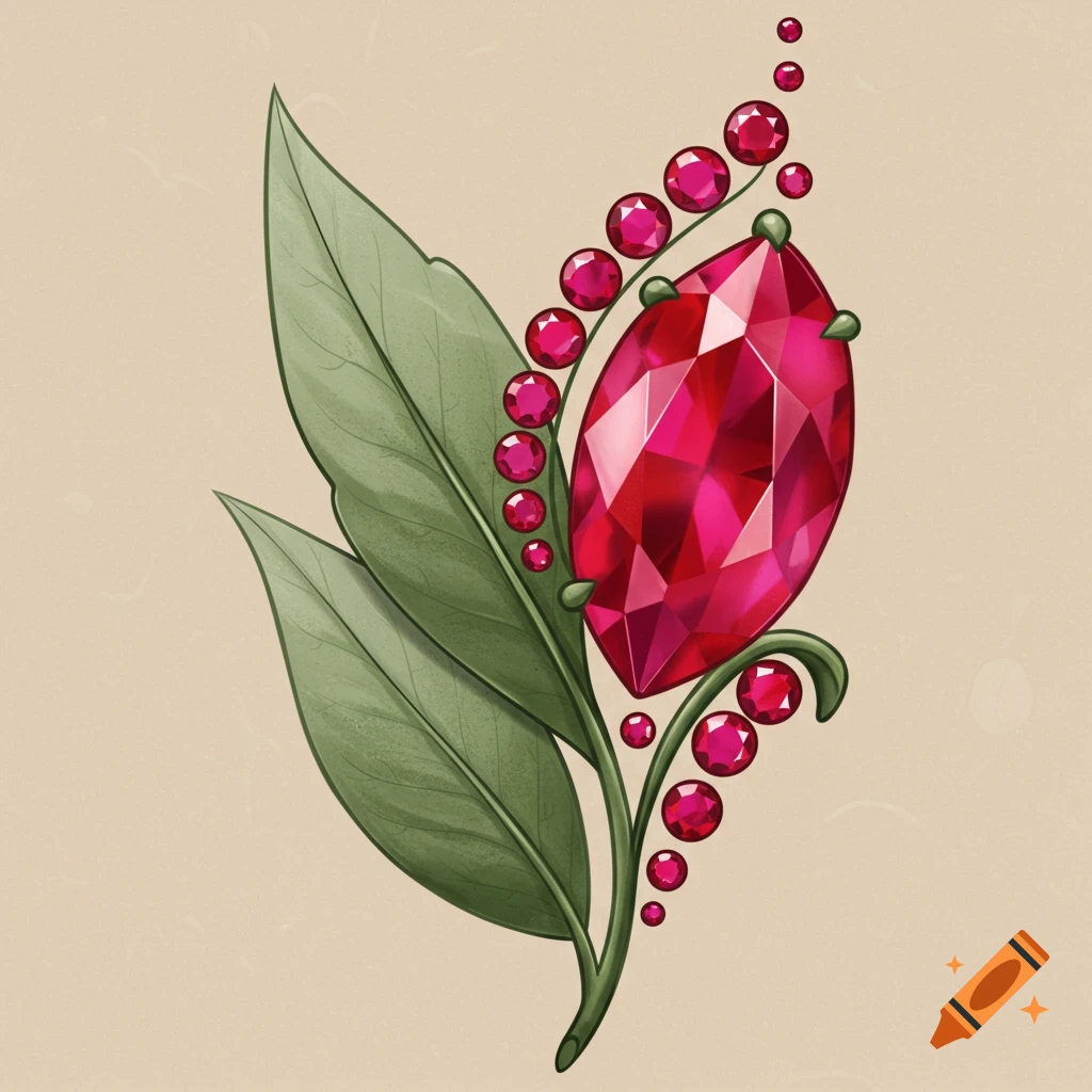 Stylized illustration of a red ruby gemstone and green leaves, like a ...
