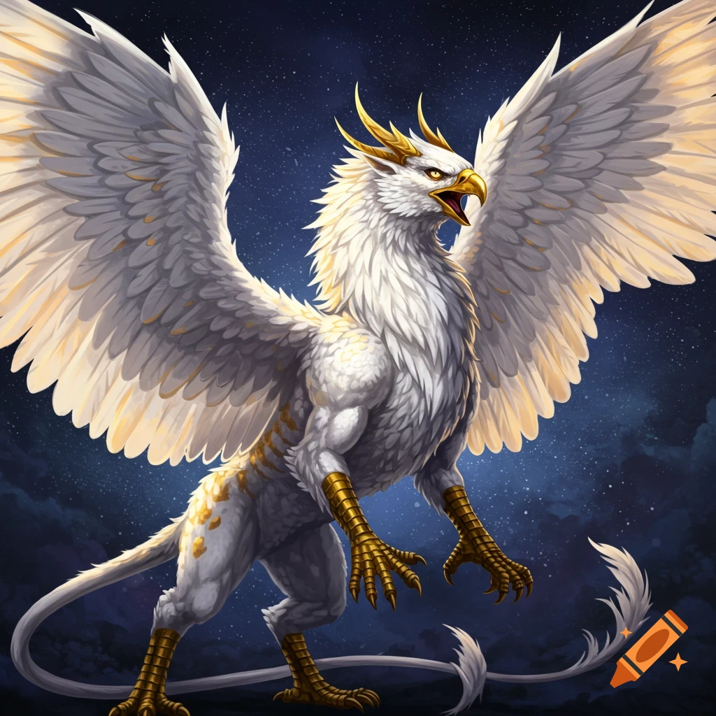 A majestic white and gold griffin with large wings stands against a ...