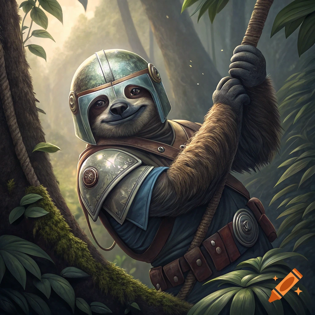 A sloth in Mandalorian armor hangs from a vine in a jungle. on Craiyon