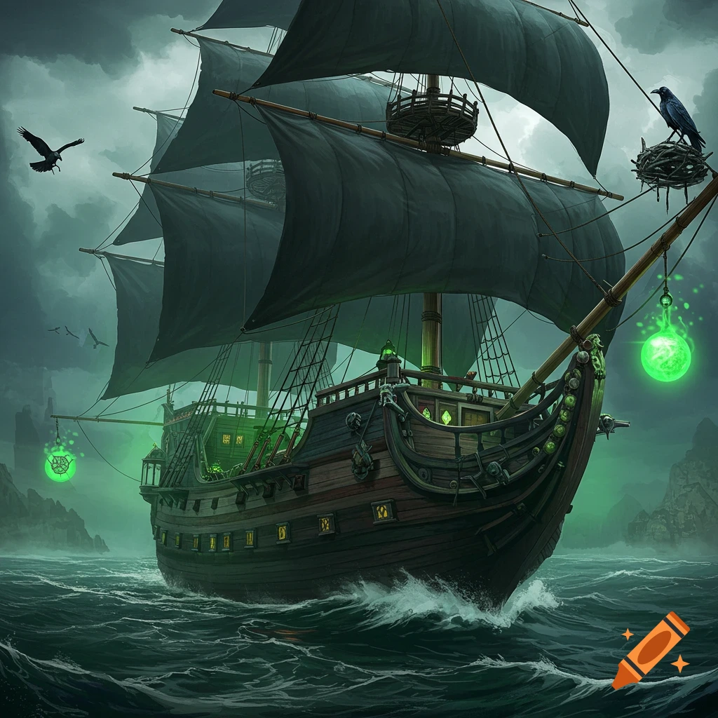 Spooky pirate ship with black sails and glowing green orbs sailing on ...