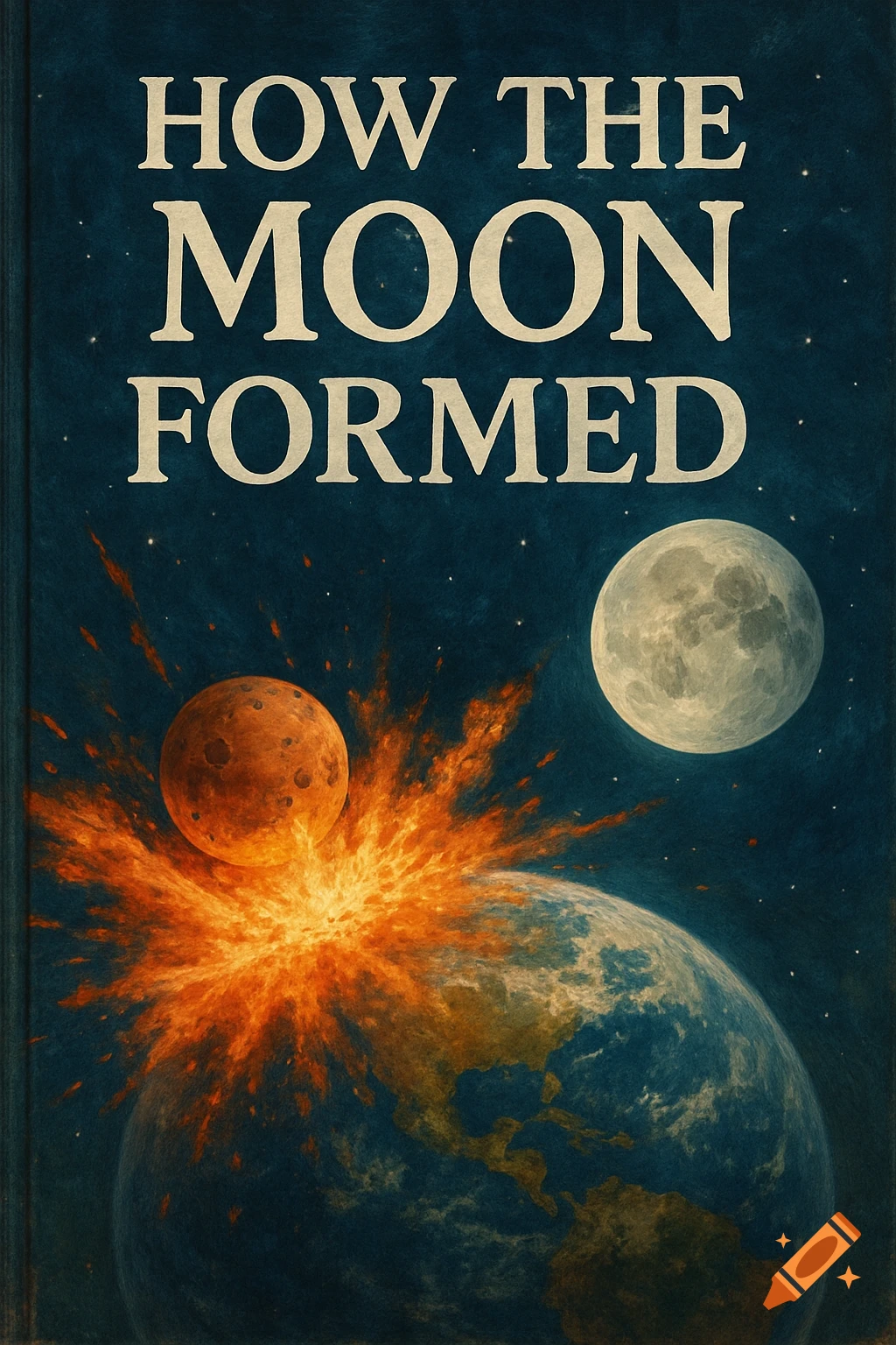 Book cover illustration depicting a cosmic collision creating the moon ...