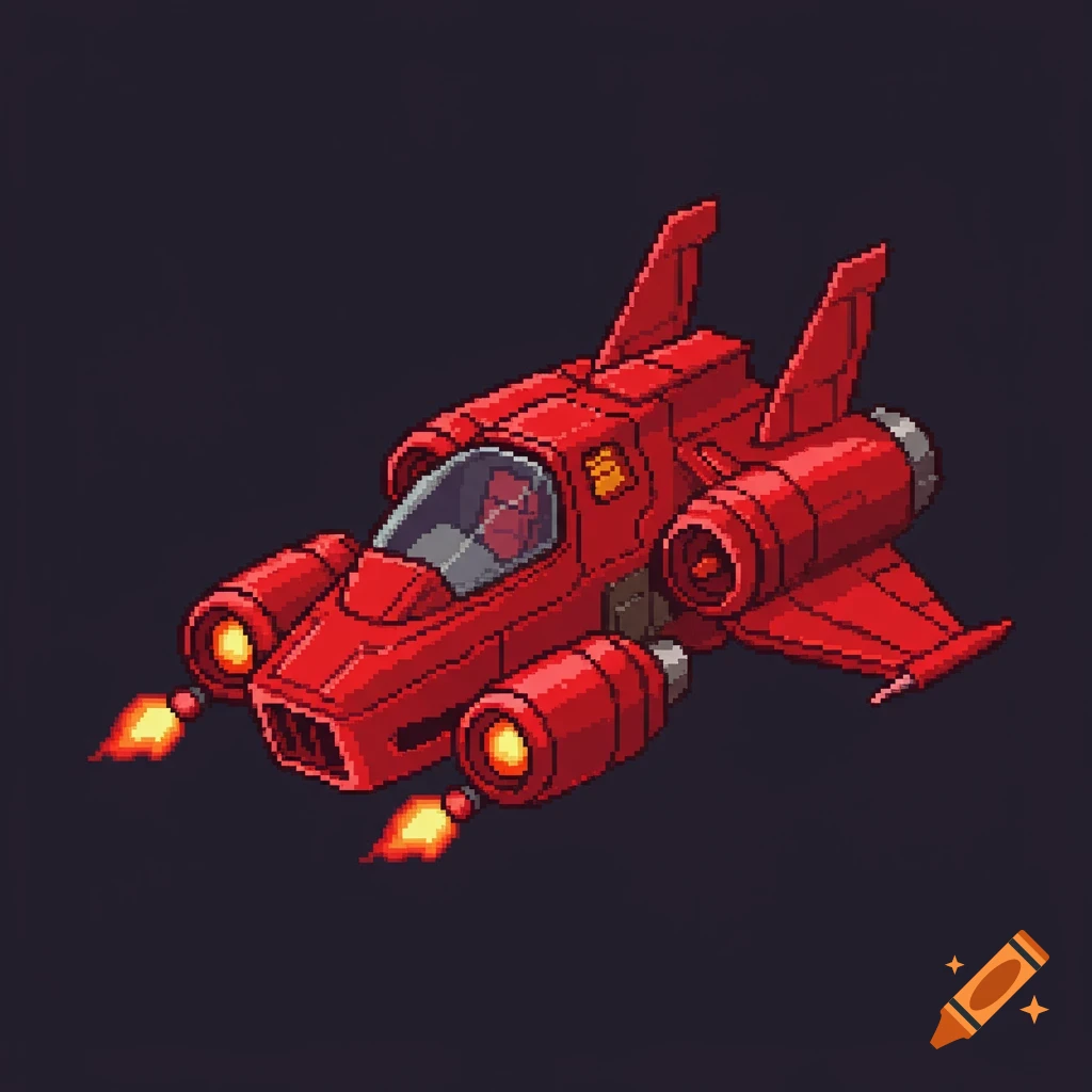 A red pixel art spaceship with flames from its engines. on Craiyon