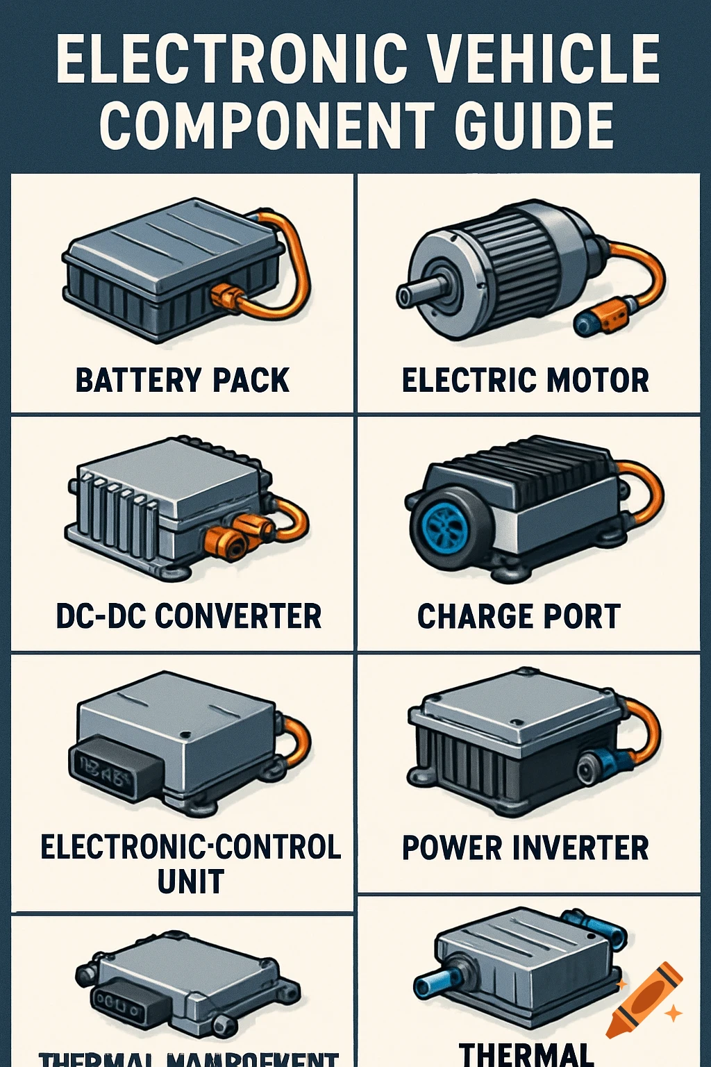 Illustrated guide showing electric vehicle components like battery pack, motor, and converter ...