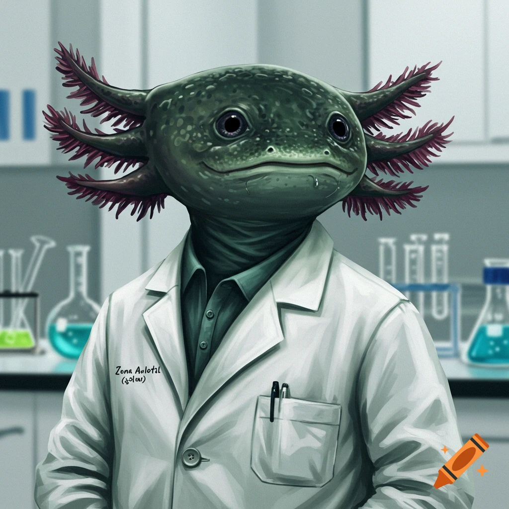 A midnight green axolotl in a white lab coat in a laboratory. on Craiyon