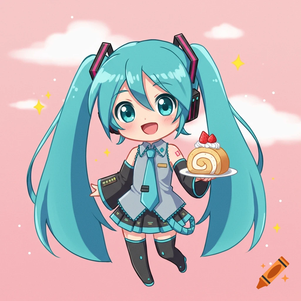 Chibi anime girl Hatsune Miku holding a roll cake on a pink background ...