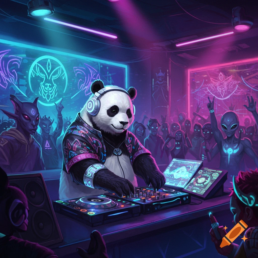 A panda DJ plays music in a vibrant futuristic nightclub filled with ...