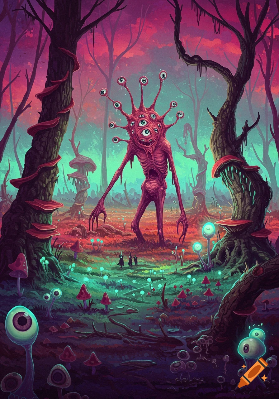 Illustration of a monstrous red creature with many eyes standing in a ...