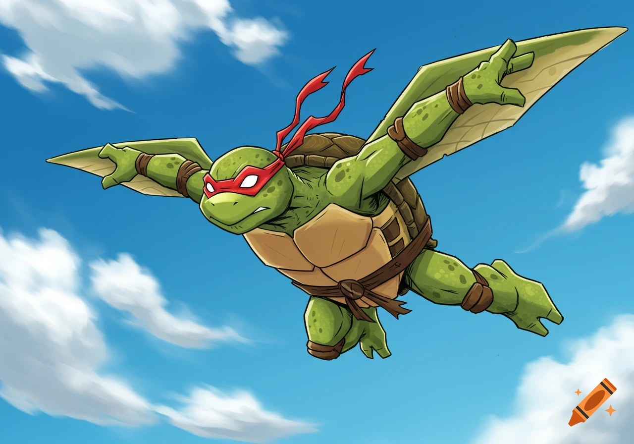 A cartoon Teenage Mutant Ninja Turtle (Raphael) flying with wings ...