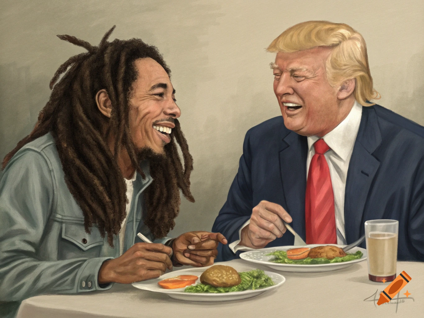 Bob Marley and Donald Trump laughing while eating food at a table ...