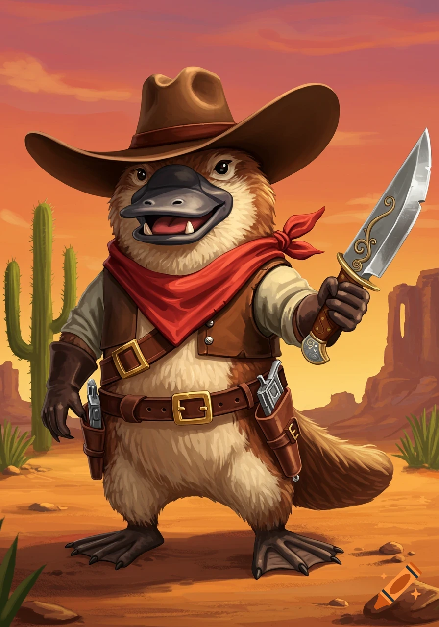 A cartoon platypus dressed as a cowboy holds a knife and gun in a ...