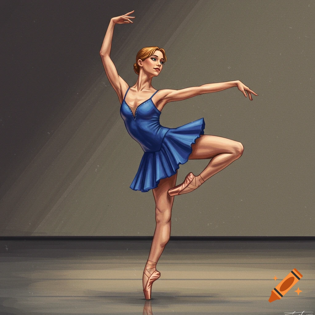 A female ballerina in a blue dress poses on pointe in a dance studio. on Craiyon