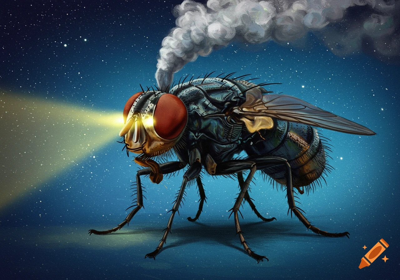 A large fly creature with steam coming from its back and light from its ...