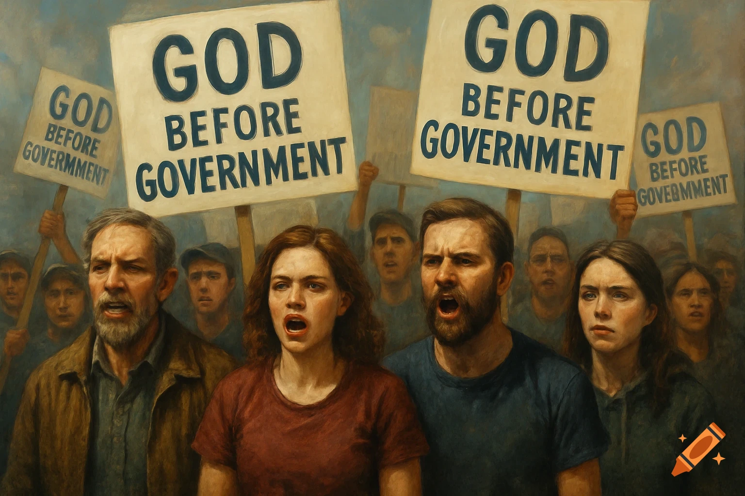 People protesting, holding signs that read GOD BEFORE GOVERNMENT ...