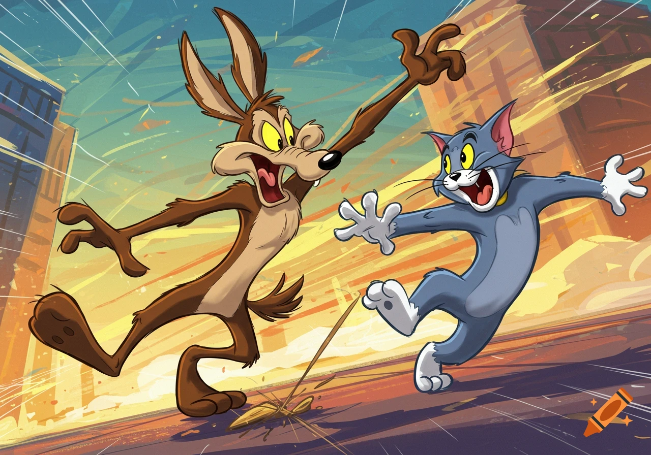Wile E. Coyote chases Tom Cat through a city street in a cartoon style ...