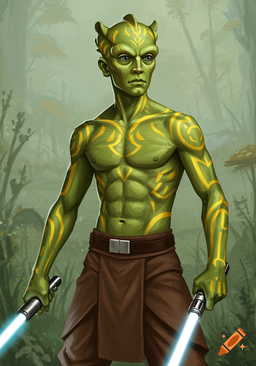 A green alien padawan with yellow markings stands in a forest holding ...