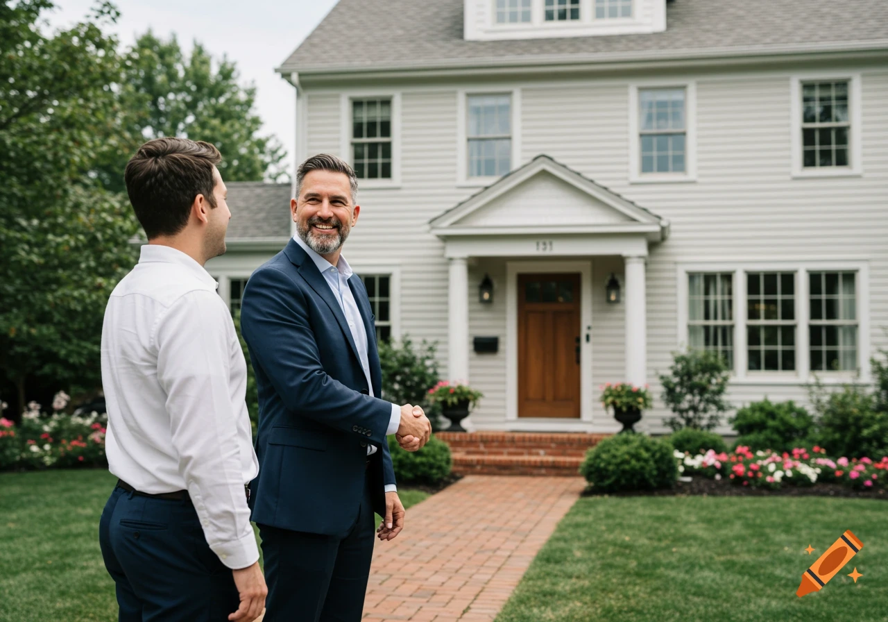 Two men shaking hands in front of a house on Craiyon