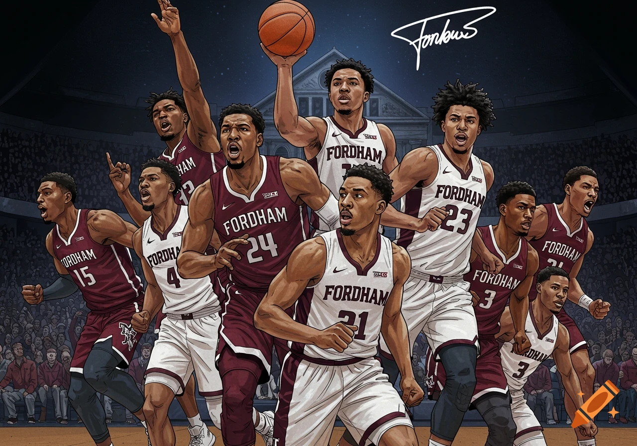 Illustration of basketball players in Fordham uniforms on a court. on ...