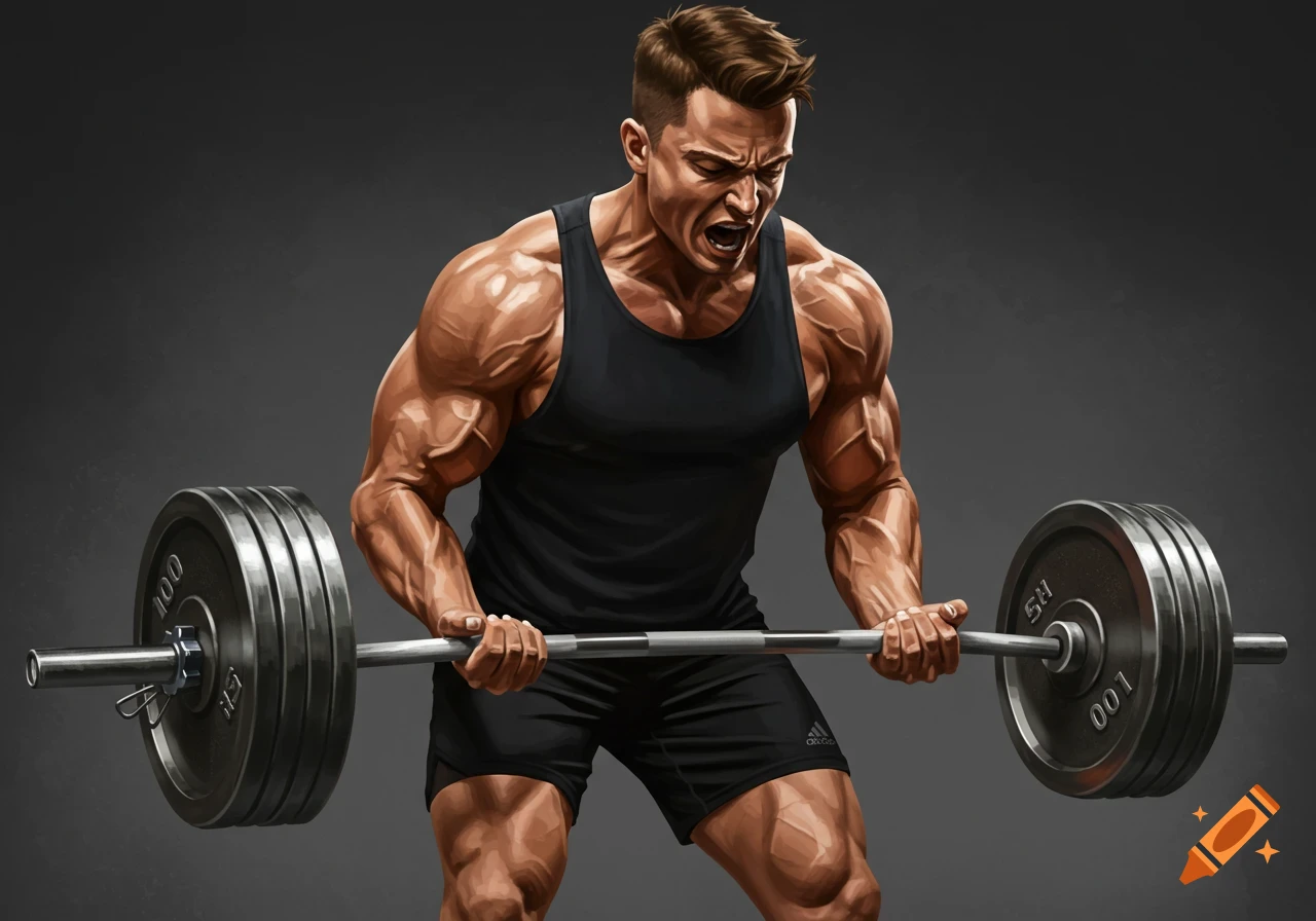 A muscular man lifts a barbell, straining with effort, in a digital ...