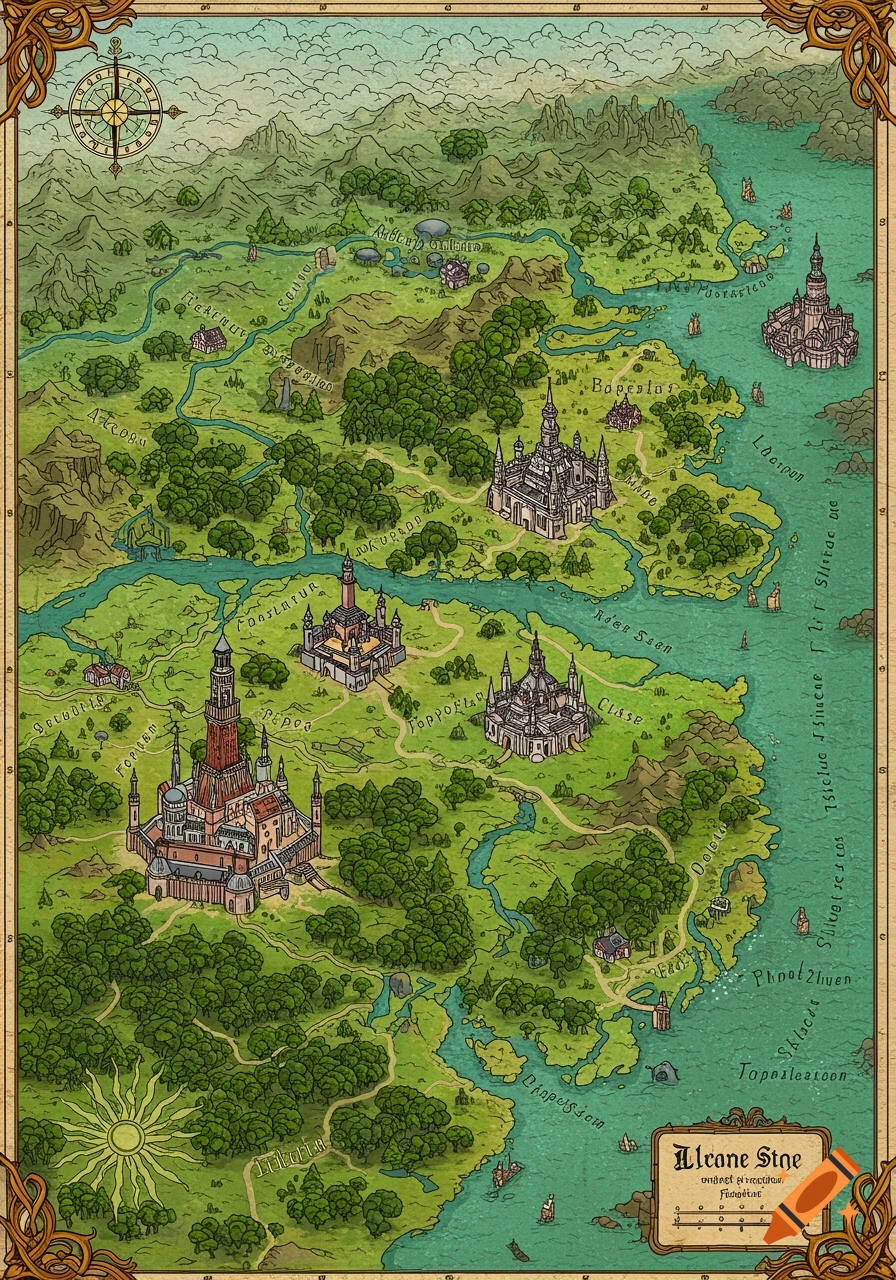 A hand-drawn fantasy map depicting a continent with mountains, forests ...