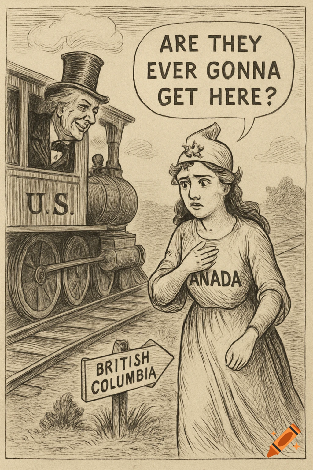 Political cartoon sketch: A train labeled 'U.S.' with a man (Cousin ...