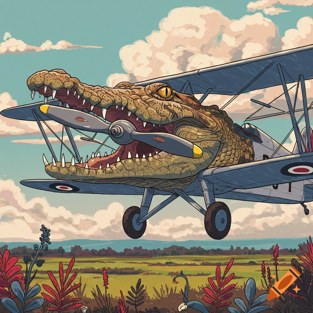 Cartoon illustration of a crocodile head merged with a biplane flying ...