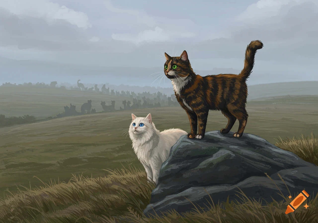 Two cats on a rock overlooking a moor with many cats in the distance ...