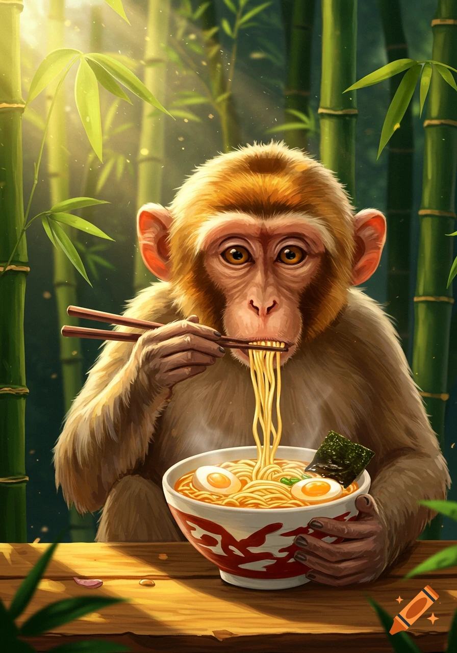 A monkey eats ramen noodles with chopsticks in a bamboo forest. on Craiyon