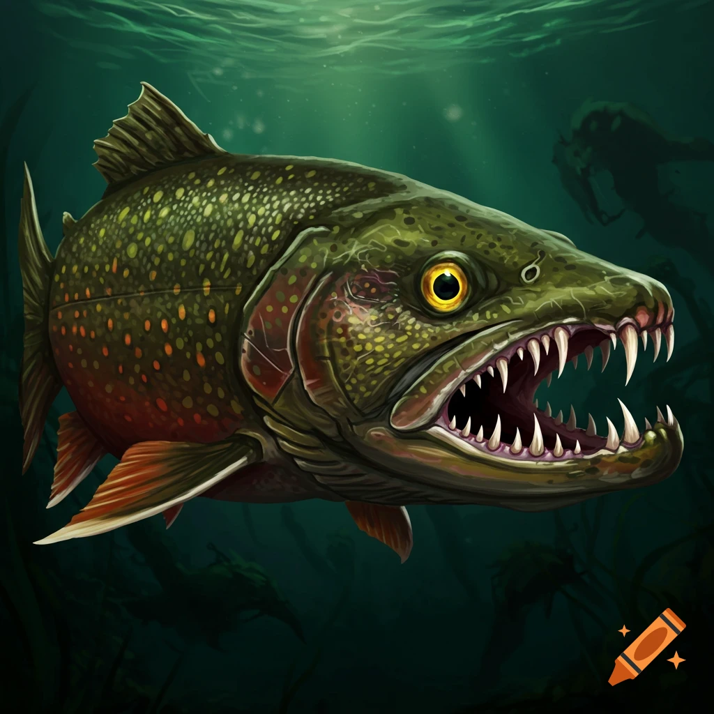 Scary-looking lake trout with sharp teeth swims underwater. on Craiyon