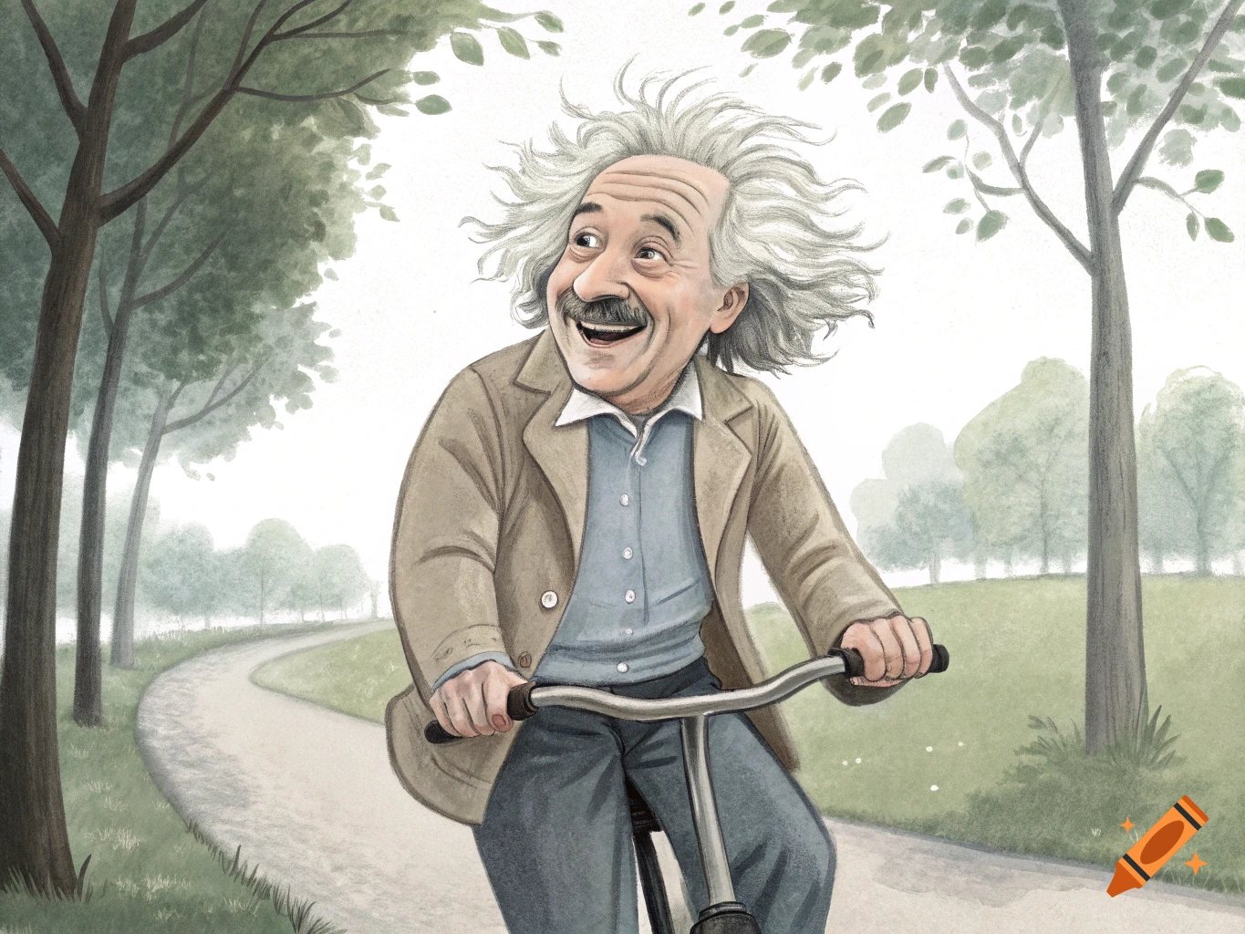 Cartoon illustration of Albert Einstein smiling broadly while riding a bicycle on a path in a ...