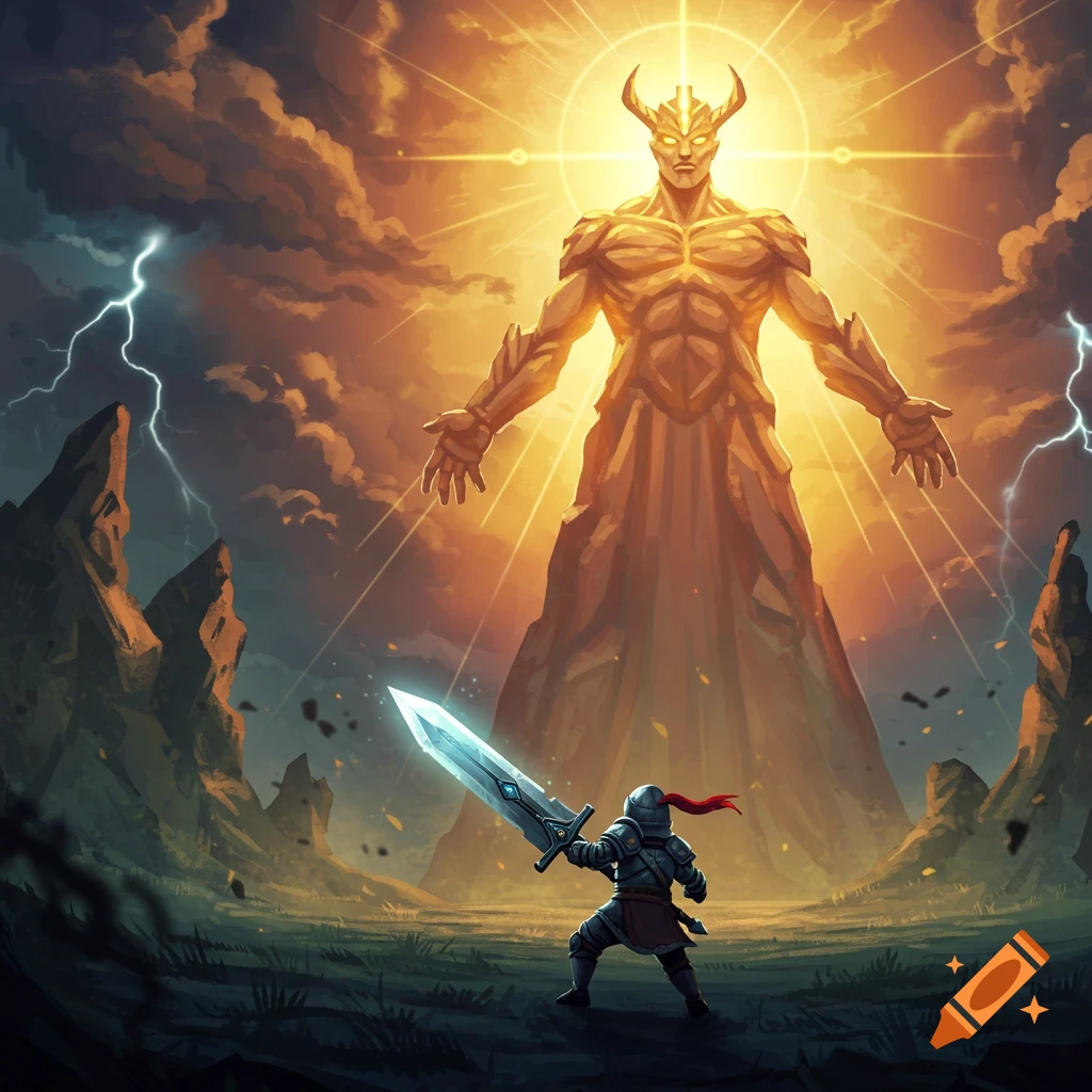 Tiny armored knight facing giant radiant god in stormy landscape with ...