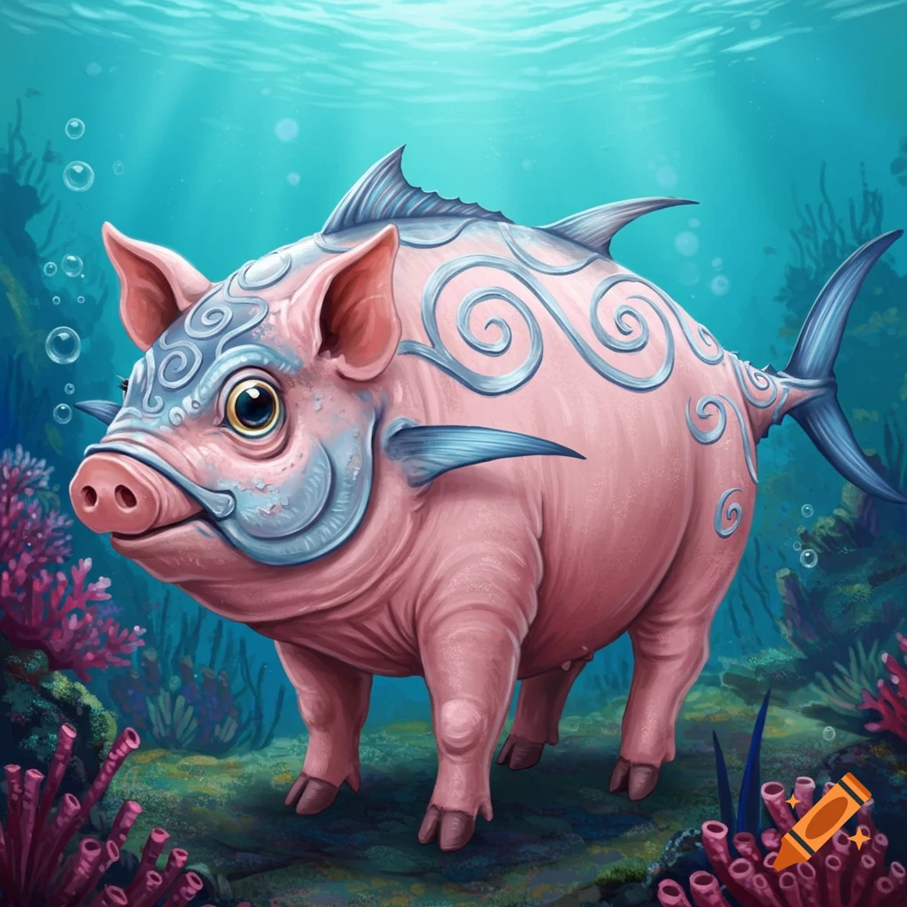 A fantasy creature, a pink pig with fish fins and tail, stands on the ...