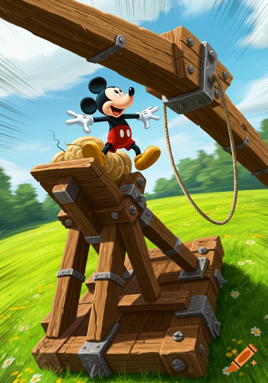 Cartoon Mickey Mouse on a large wooden trebuchet in a grassy field on ...