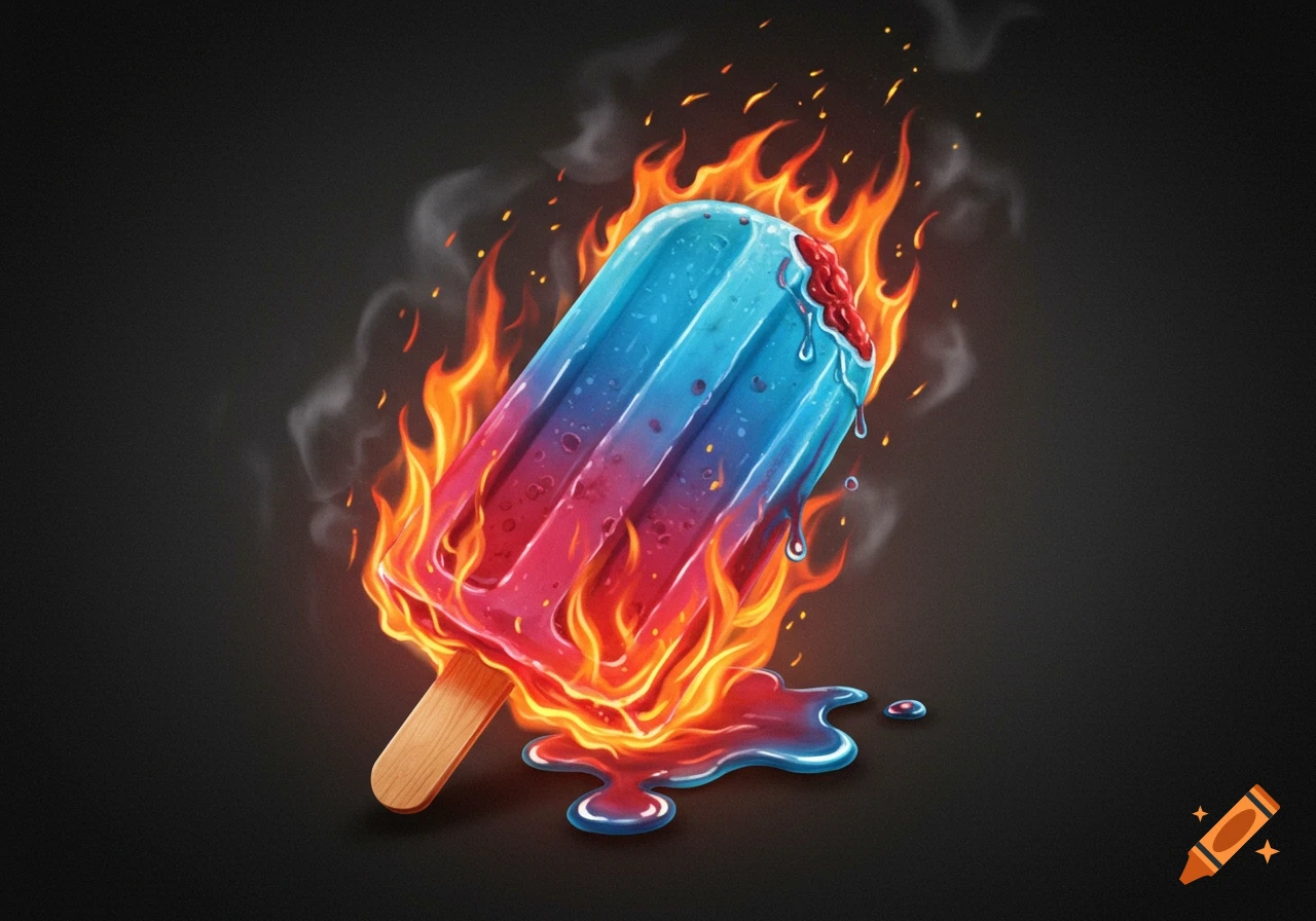 Illustration of a melting popsicle on fire. on Craiyon