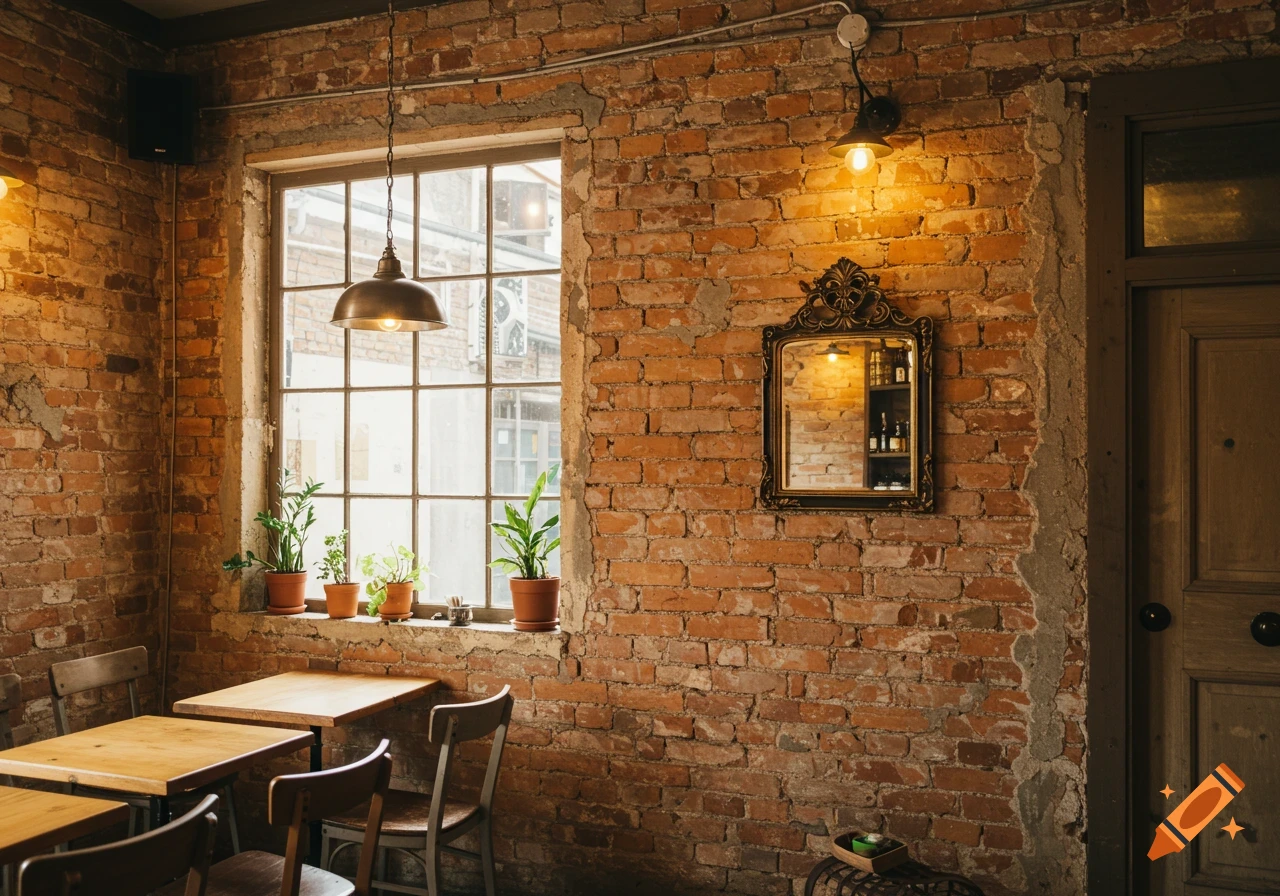 Interior of a cafe or restaurant with exposed brick walls, a large ...