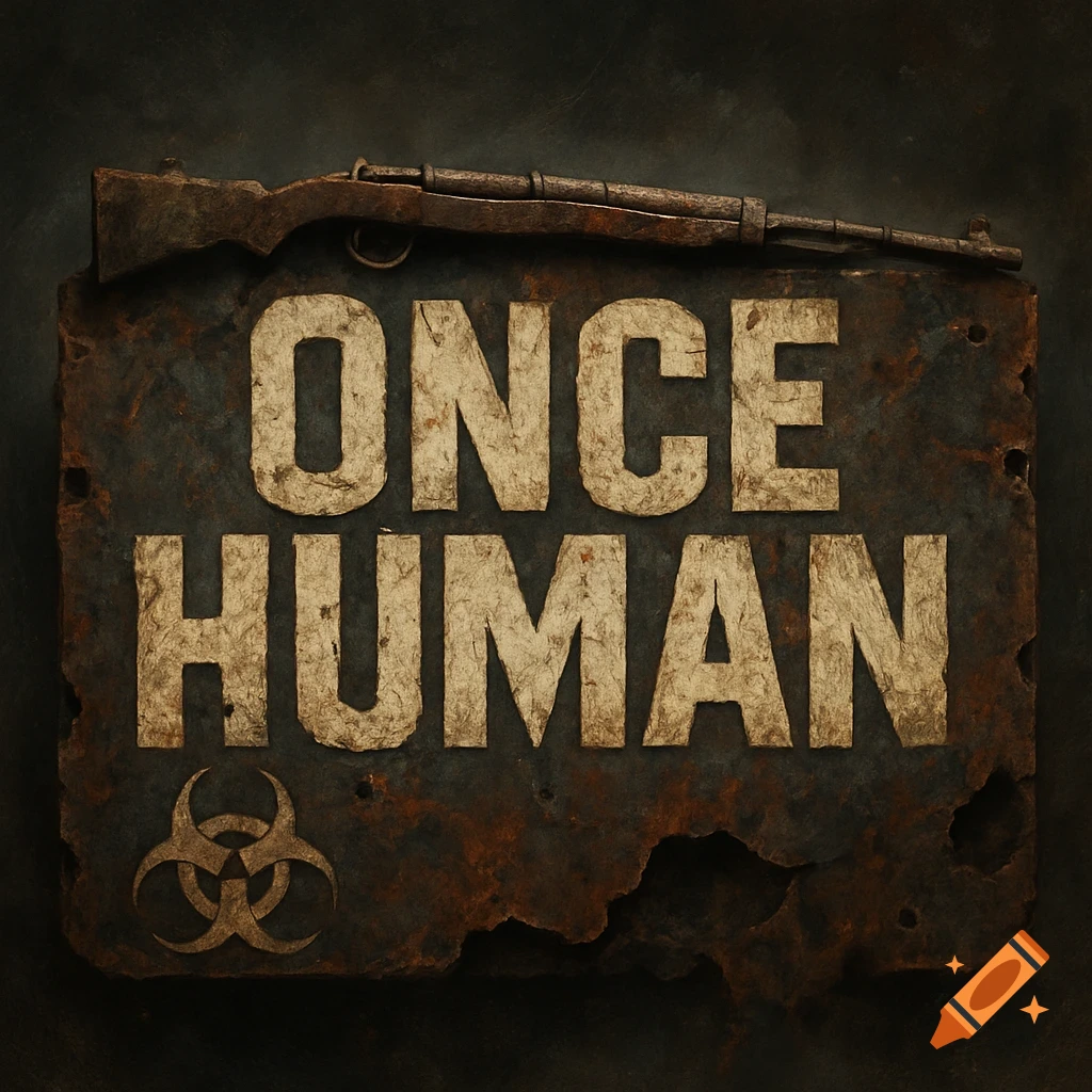 A rusty sign with the text "ONCE HUMAN" and a biohazard symbol, with a ...