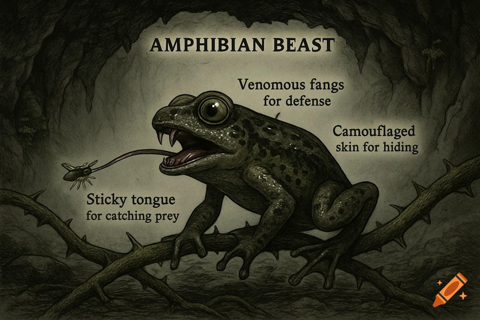 Illustration of a large monster frog with fangs and labels about its ...