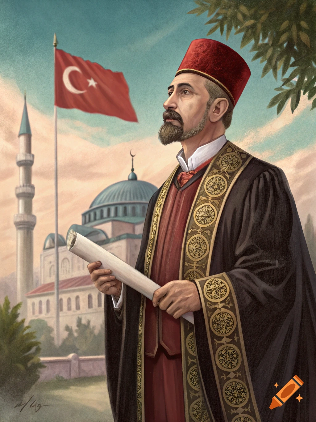 A man in traditional Turkish clothing holds a scroll before a mosque ...