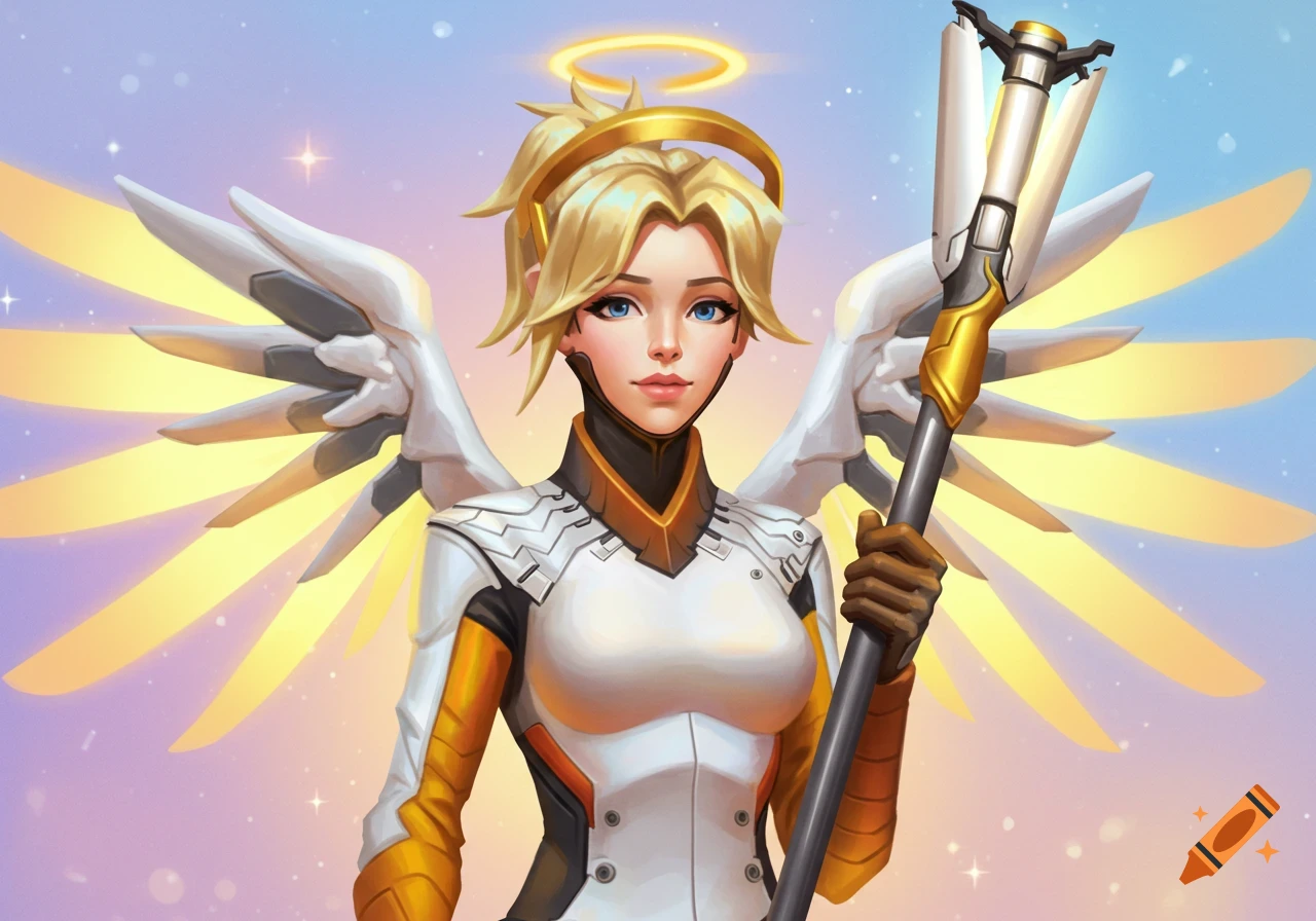 Illustration of Mercy from Overwatch with her staff and wings. on Craiyon