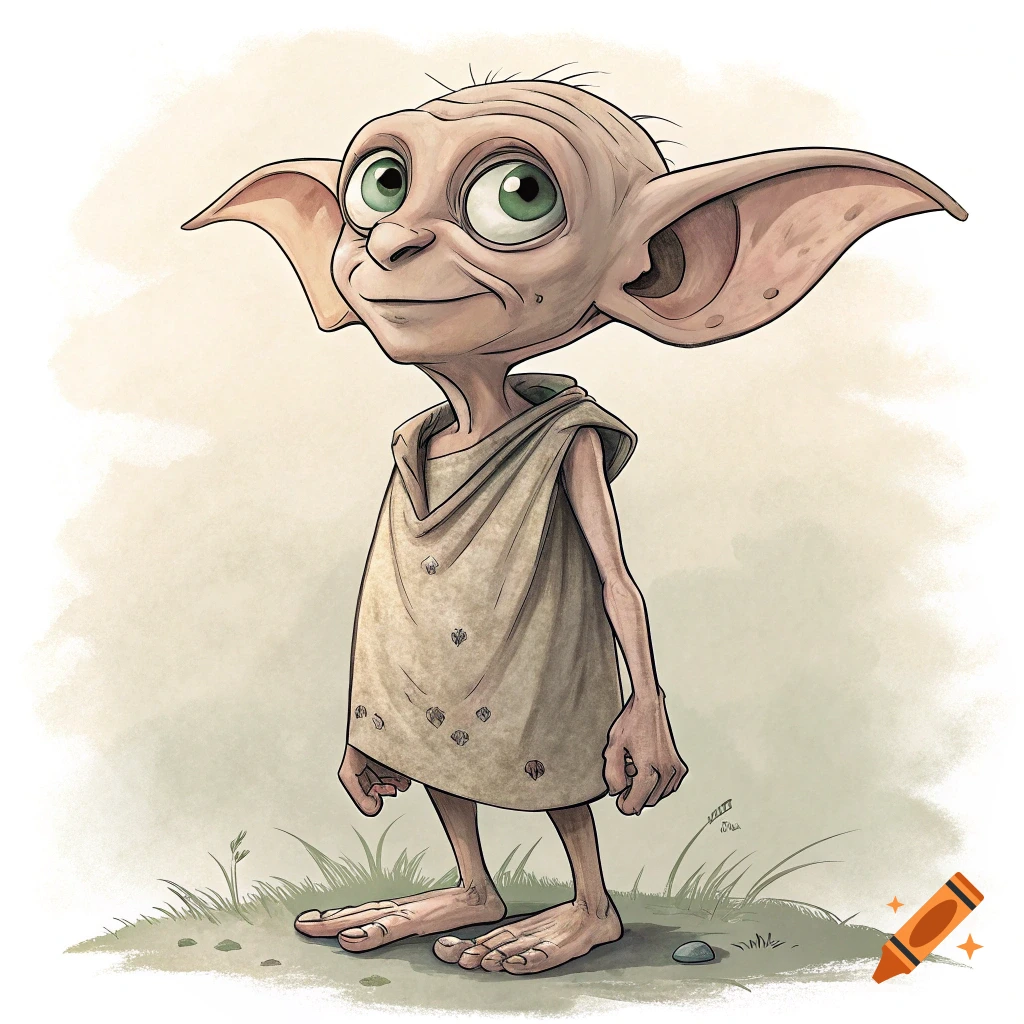 Cartoon illustration of Dobby the house elf standing on grass. on Craiyon