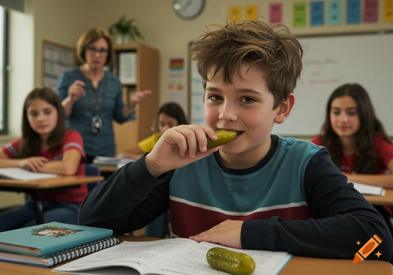 Photorealistic image of a boy eating a pickle in a classroom with other ...