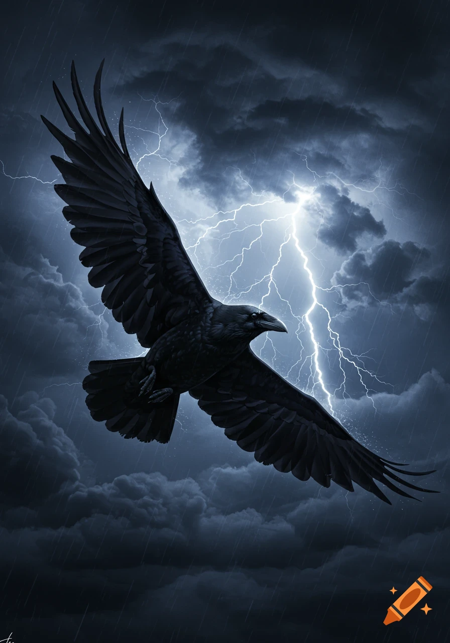 A black raven flies through a dark thunderstorm with lightning and rain ...
