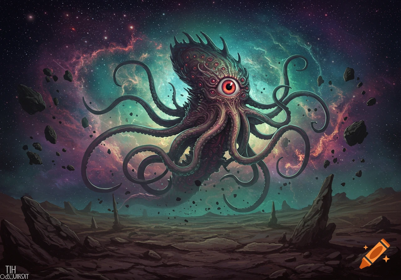 A cosmic horror creature with tentacles and many eyes floats in space ...