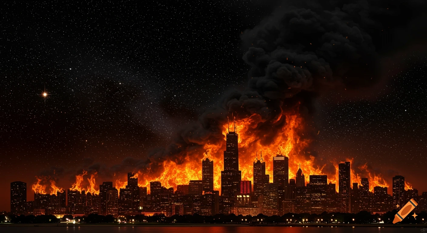 Chicago skyline burning under a starry night sky. on Craiyon