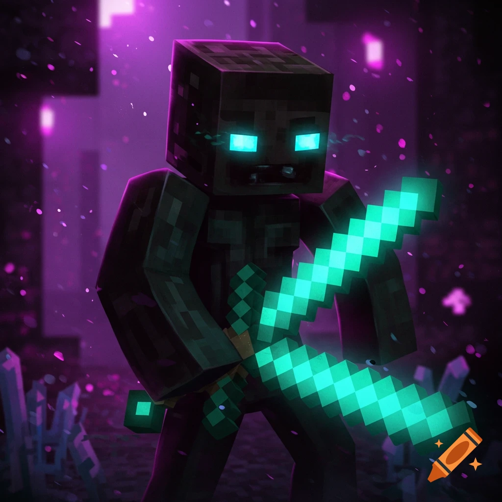 Minecraft Enderman holds a glowing sword in a purple dimension. on Craiyon