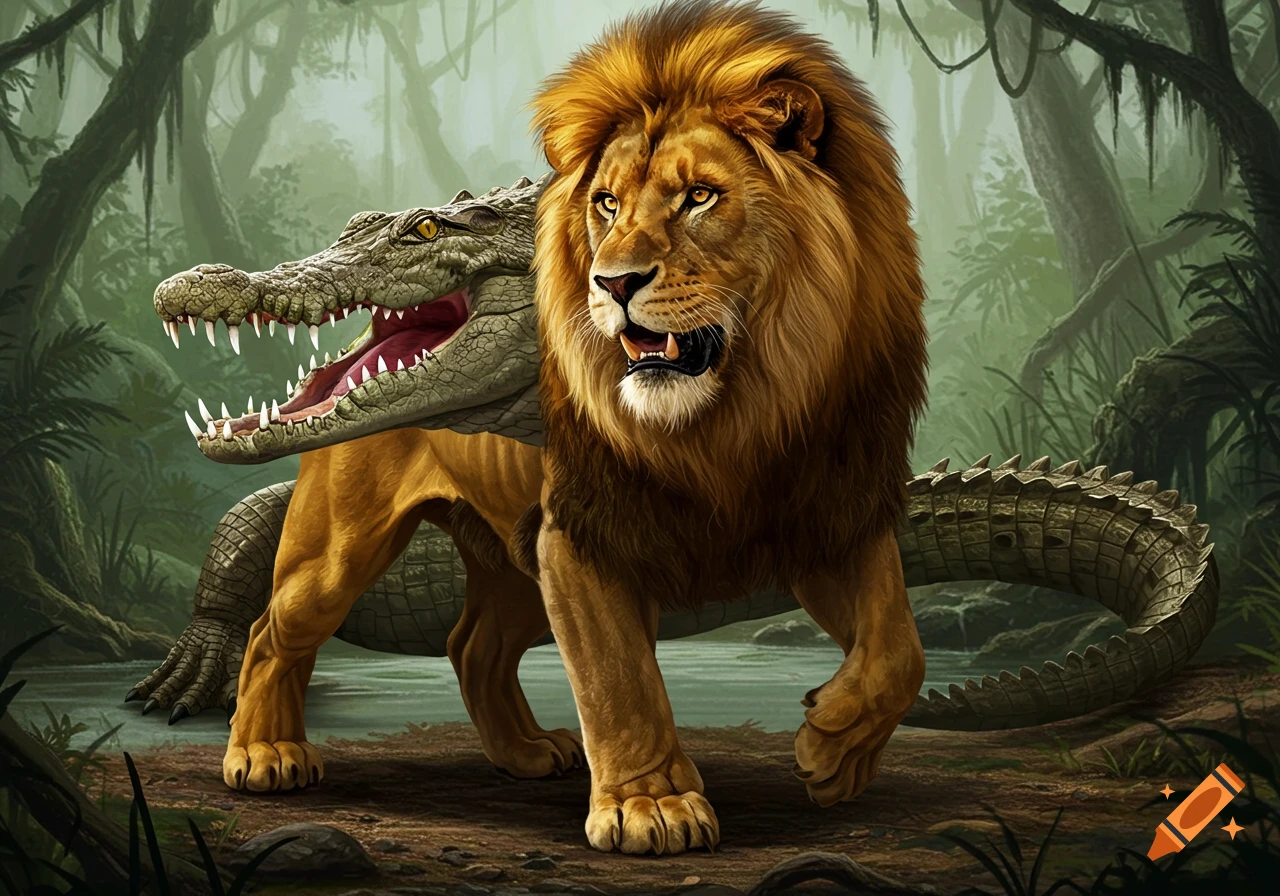 Realistic illustration of a lion and crocodile hybrid creature standing ...