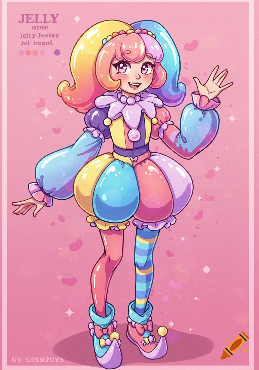 Colorful anime girl in jester outfit waving on Craiyon