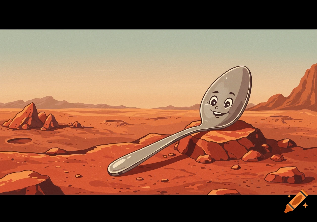 A cartoon spoon with a face sits on the rocky red surface of Mars. on ...