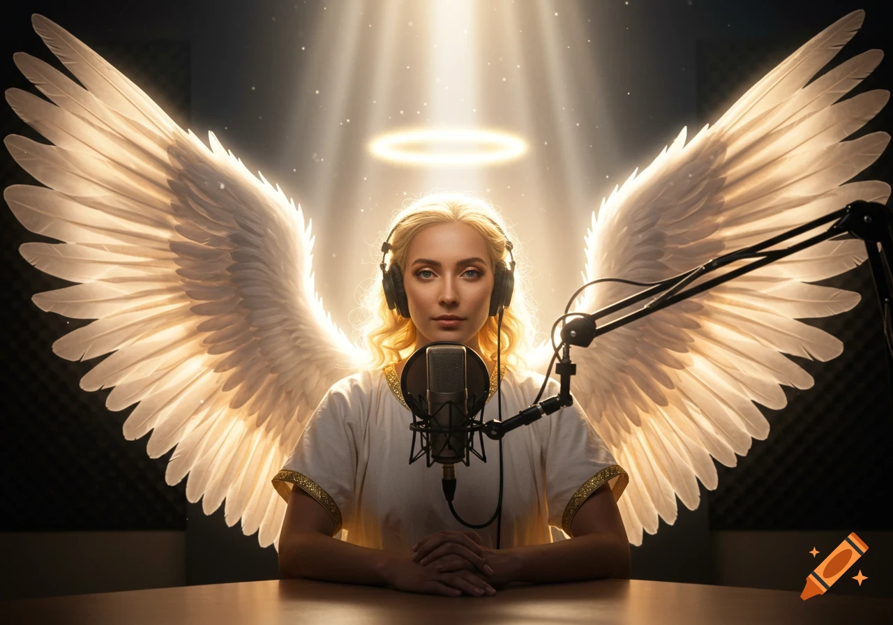 An angel with wings and a halo sits at a desk with a microphone and ...